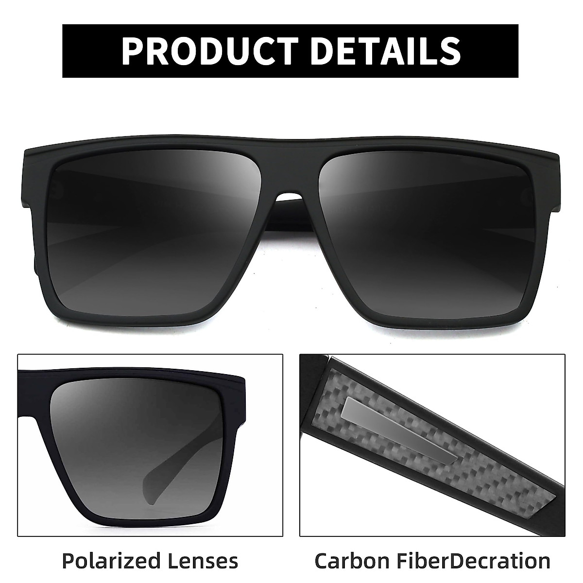 JIM HALO Retro Polarized Sunglasses Men Women Flat Top Square UV400 Glasses for Driving Fishing Hiking Golfing (Black Frame/Polarized Gradient Grey Lens)