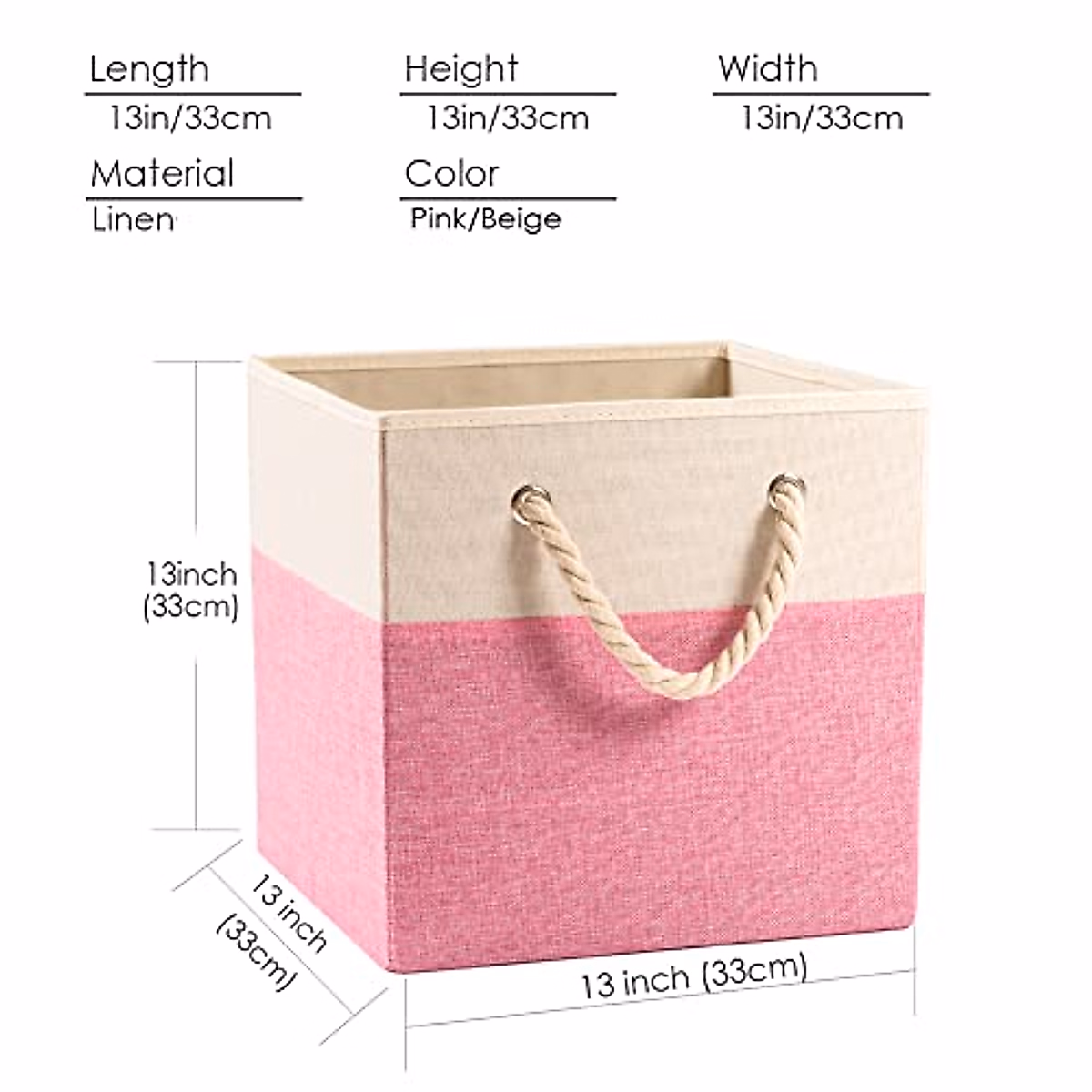 PRANDOM Large Foldable Cube Storage Bins 13x13 inch [4-Pack] Fabric Linen Storage Baskets Cubes Drawer with Cotton Handles Organizer for Shelves Toy Nursery Closet Bedroom Pink