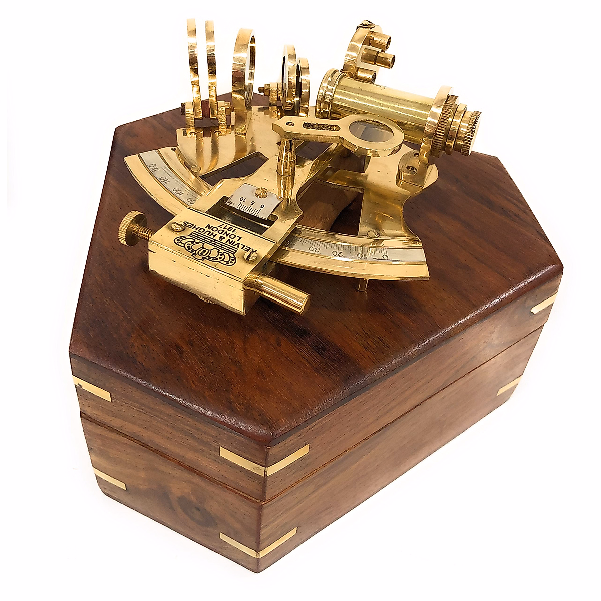 Maritime Kelvin & Hughes London Antique Brass Nautical Ship Sextant (with Triangular Wooden Box)