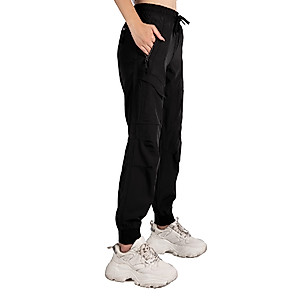Singbring Women's Athletic Hiking Cargo Joggers Pants Outdoor Workout Lightweight Quick Dry UPF 50 Zipper Pockets (Black88-M)