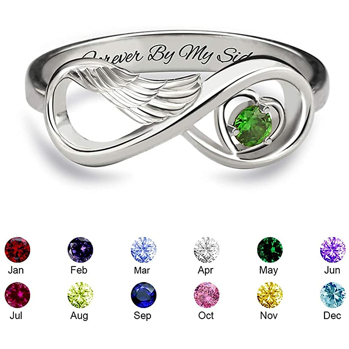 Elsie Lopez Personalized Angel Wing Infinity Heart Ring with Birthstone Sterling Silver 925 Wedding Band Ring Engagement Ring for Her (Silver)
