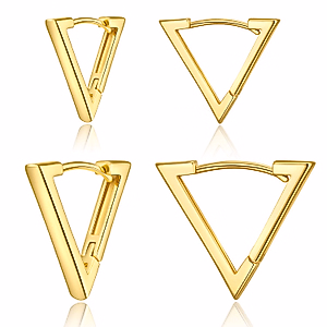 2 Pairs 14K Gold Plated Minimalist Geometric Triangle Huggies Hoop Earrings, V Shaped Hoop Earrings for Wome1.3cm/1.8cm…