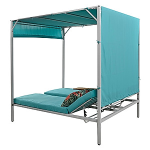 GOAWGO Outdoor Patio Daybed with Canopy-Double Chaise Lounge, 2-Person Sunbed with Comfy Cushions & Throw Pillows, Adjustable Small Tabletop, Sunshade Curtains, 3-Position Adjustable Backrest (Blue)