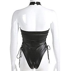 VFJIEQD Sexy Leather Bodysuit for Womens Lace-up Jumpsuit PU Romper Teddy Lingerie Leotard Clubwear Latex, #1 Black (rh0513jsxv2ODije4)