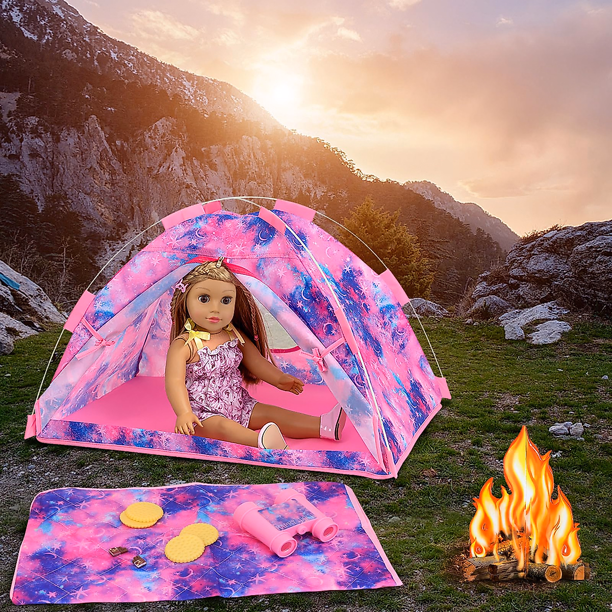 ZITA ELEMENT 11 Items 18 Inch Doll Accessories Camping Tent Set - Including Doll Camping Tent Clothes Set Binoculars Campfire Chocolate Compressed Biscuit
