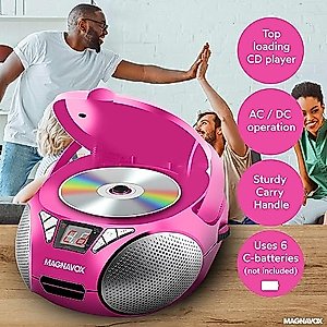 Magnavox MD6924 Portable Top Loading CD Boombox with AM/FM Stereo Radio in Black | CD-R/CD-RW Compatible | LED Display | AUX Port Supported | Programmable CD Player | (Pink)