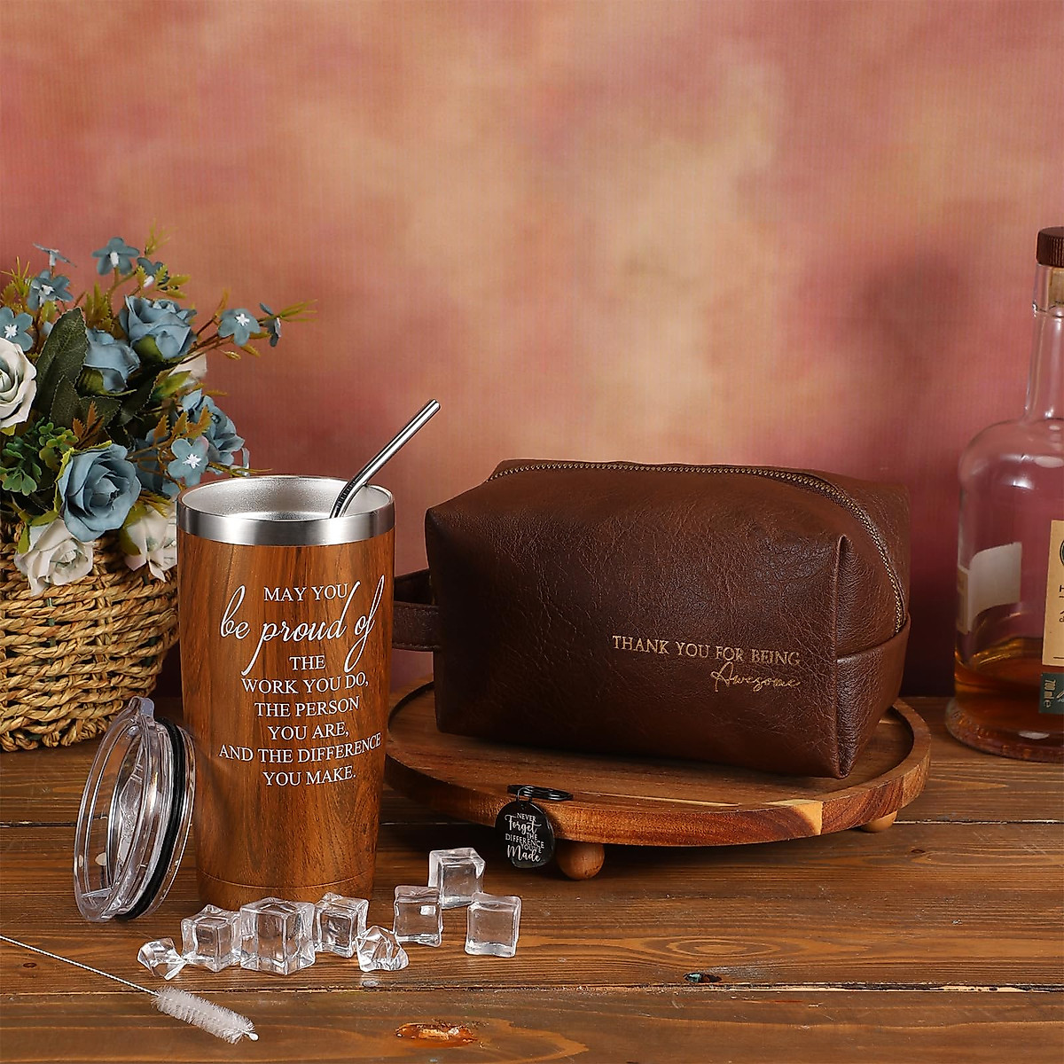 Roshtia Set of 3 Thank You Gift for Men Dad 20oz Stainless Steel Tumbler with Lid Straw Leather Toiletry Bag Inspirational Keychain Team Christmas Gift for Employee Teacher Staff(Wood Grain)