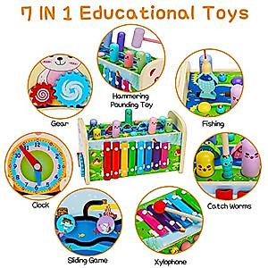 7 in 1 Hammering Pounding Toys Wooden Montessori Educational Fishing Game Xylophone Toy for 1 2 3 Year Old Sensory Developmental Toy Fine Motor Easter Toy Gift Preschool Toddler Activity Age 1-2 2-4