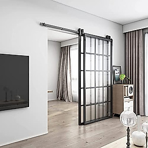 BARNSMITH Bypass Double Glass Barn Door 84 x 84 in with 7.5FT Side-Mounted Hardware Kit, 2 Sets of 42x84 Frosted Glass Aluminum Frame Barn Door,Assemble Required (2 * 42inx 84in)