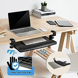 EHO Clamp-On Retractable Adjustable Keyboard Tray, Under Desk Ergonomic Keyboard Tray - Easy Tool-Free Install - Small with Wrist Rest for Enhanced Typing Comfort, Space-Saving, Surface 20" x 11.5"