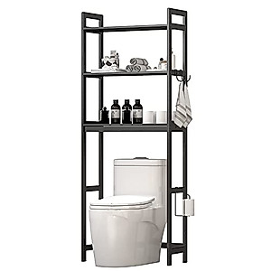 Bonzy Home Over The Toilet Storage, Bamboo 3 Tier Bathroom Organizer Space Saver Bathroom Shelf Freestanding Toilet Stands with Hooks