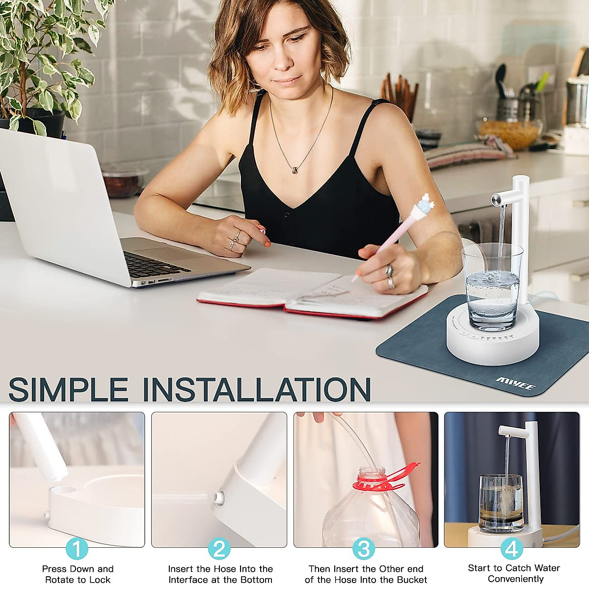 Water Dispenser for 5 Gallon Bottle Intelligent Desktop Water Dispenser Countertop for Universal Bottles with Drying Mat Electric Water Pump Smart Table Water Dispenser for Bedside, Office(White)