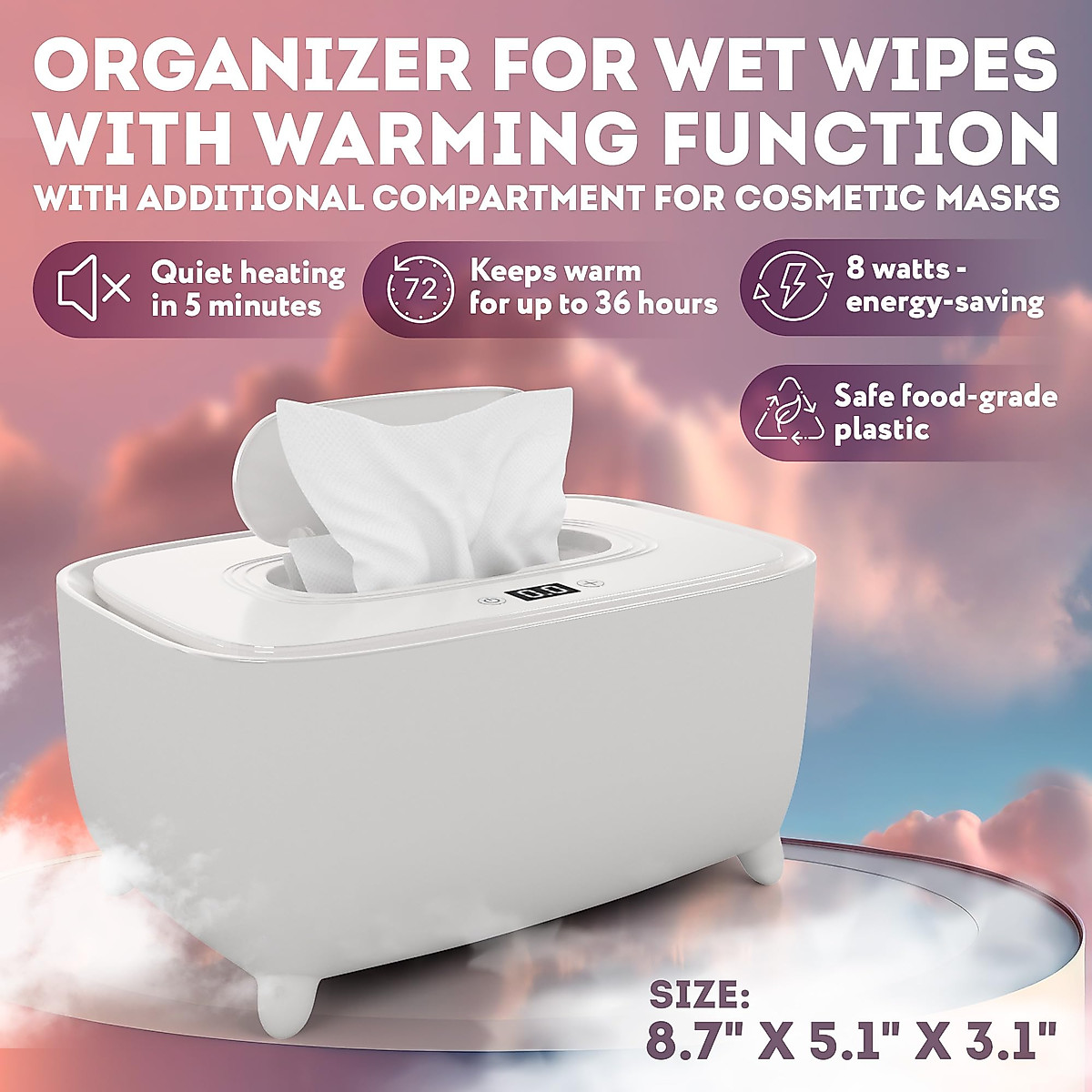 PUREVACY Baby Wipe Warmer Dispenser. White Baby Diaper Warmer Wipes Heater 8W. Silent Wet Wipes Warmer, Newborn Essentials, Baby Shower Gifts