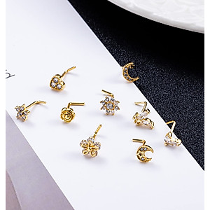 Masedy 9Pcs 20G Stainless Steel Nose Rings L Shaped Nose Studs Flower Screw Nose Rings for Women Men Nose Piercing Set LG