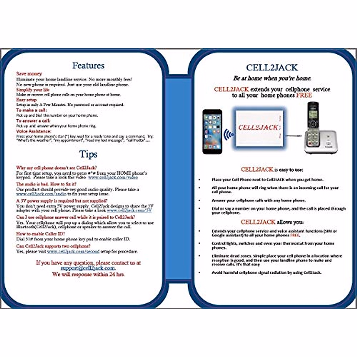 Cell2jack - Cellphone to Home Phone Adapter - Make and Receive Cell Phone Call on Your landline Phone Free