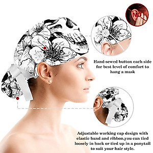 Vintage Skull and Flowers Cherry Adjustable Scrub Cap Hat with Button, Working Hat Sweatband with Bow Hair Scrunchy