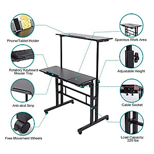 Ejoyous Height Adjustable Stand Up Desk, Mobile Standing Desk Sit to Stand Computer Desk Laptop Table Workstation with Rolling Wheels for Home Office