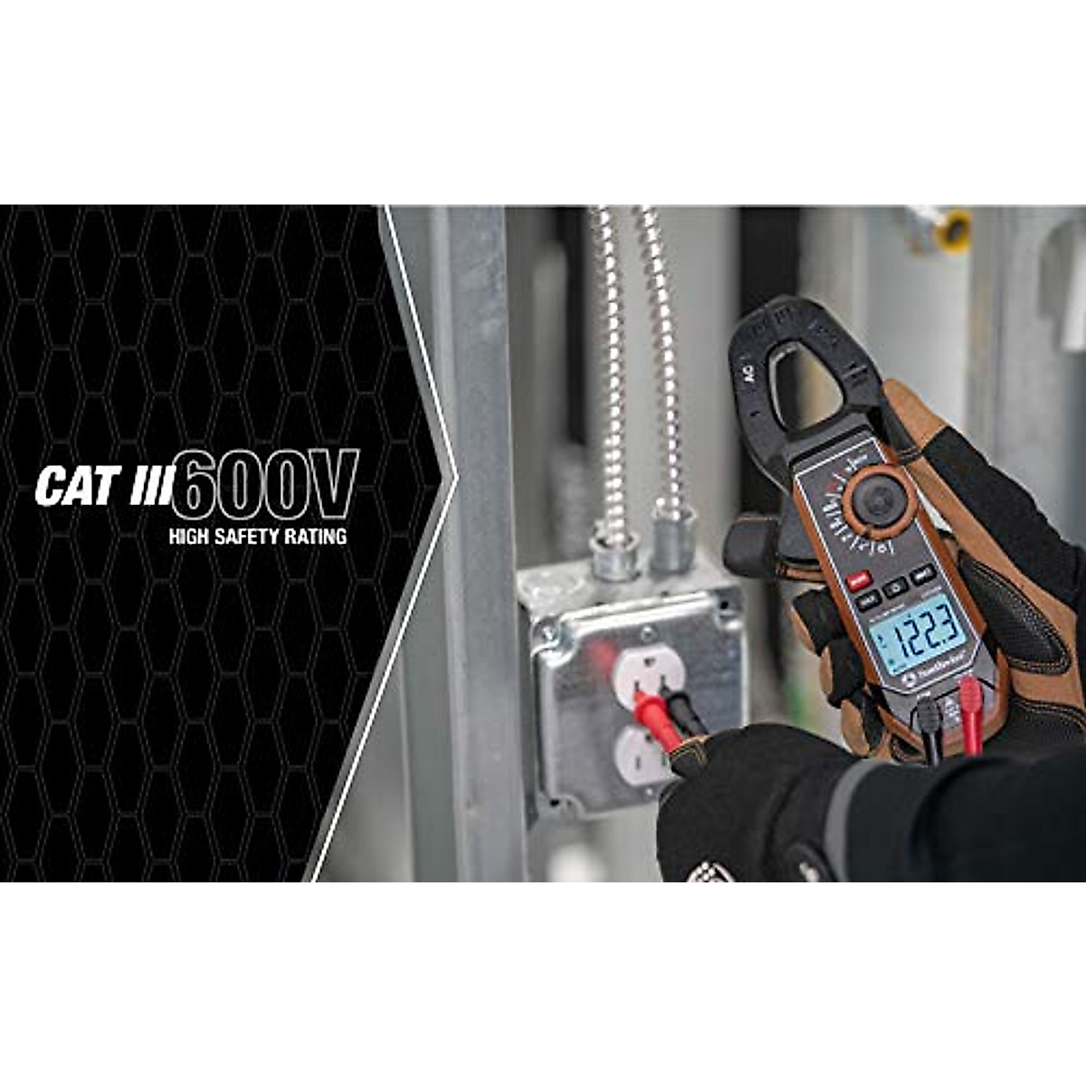 Southwire 21510N clamp meter; third-hand test probe holder; 400A AC current range; CAT III 600V safety rating; built-in non-contact voltage detector; 5 year warranty; Black Brown