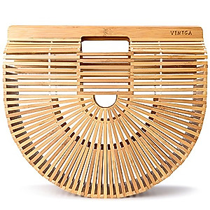 Vintga Bamboo Bags for Women Summer Straw Wooden Beach Purses Basket Handle Handbags (Small)