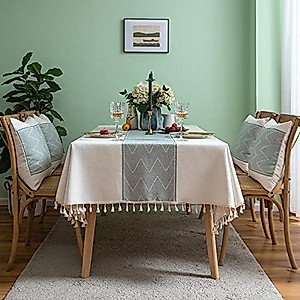 Neelvin Rectangle Square Tablecloths Knitted Embroidery Textured Tassel Cotton Linen Decorative Oblong Table Cover for Kitchen Dining Room Picnic (55x118 Inch,Green)