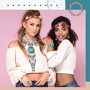 4 Pieces Boho Turquoise Jewelry Set Includes Boho Statement Necklace Body Chains Alloy Oval Resin Drop Dangle Earrings Adjustable Heart Compressed Turquoise Bracelet Turquoise Statement Ring for Women