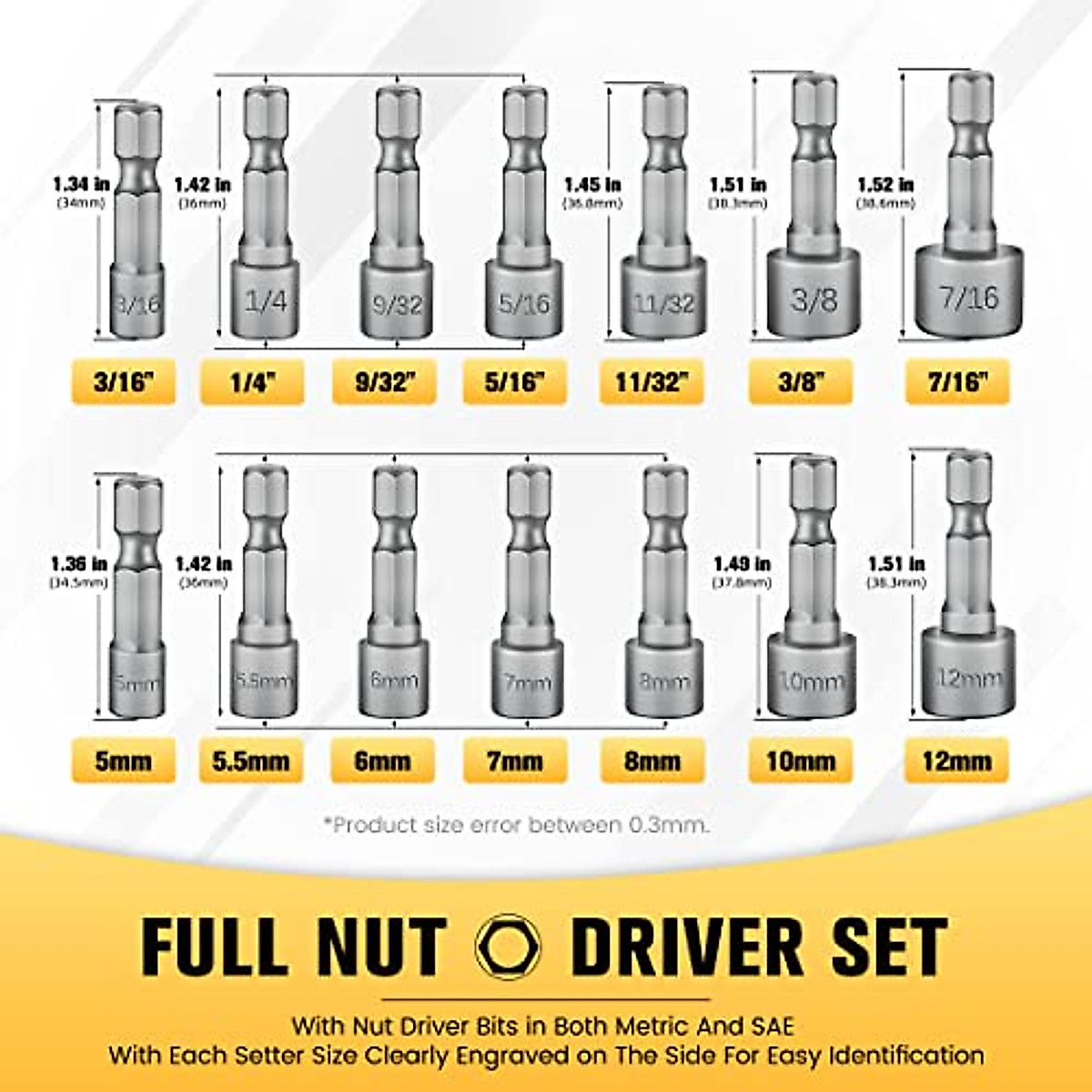 BOEN 14 Piece Power Nuts Driver Drill Bit Tools Set, 1/4 inch Driver Hex Metric & SAE Socket Wrench Screw for Power Tools