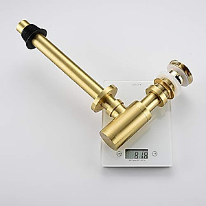 Miraga Bathroom Sink Stopper P-Trap Complete Set Adjustable 1-1/4 Sink Drain Kit Tube Solid Brass Bottle Trap w/Pop Up Drain Stopper Set, Overflow Version, Brushed Gold