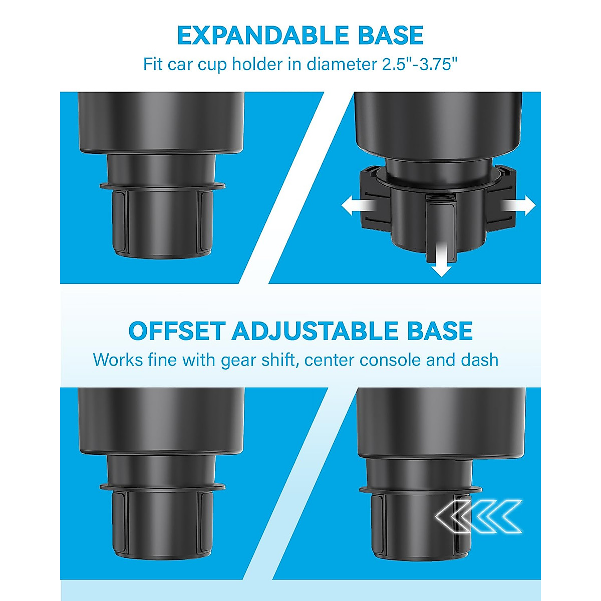 ENQINN Cup Holder Phone Mount for Car with Expandable Base, 2-in-1 Adjustable Cup Cellphone Holder Mount Compatible with iPhone Samsung Pixel and All Smartphones and Other Bottles Mugs in 3.4"-4.0"