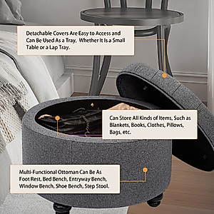 CangLong Large Button Tufted Fabric Round Storage Ottoman with Storage for Living Room & Bedroom,Dark Grey