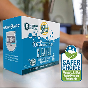 Lemi Shine Natural Dishwasher Cleaner Powered By Citric Acid | 100% Guaranteed Hard Water Cleaning Powder | Eco-Friendly Dishwasher Cleaner and Deodorizer With Fresh Lemon Scent (8 Count)