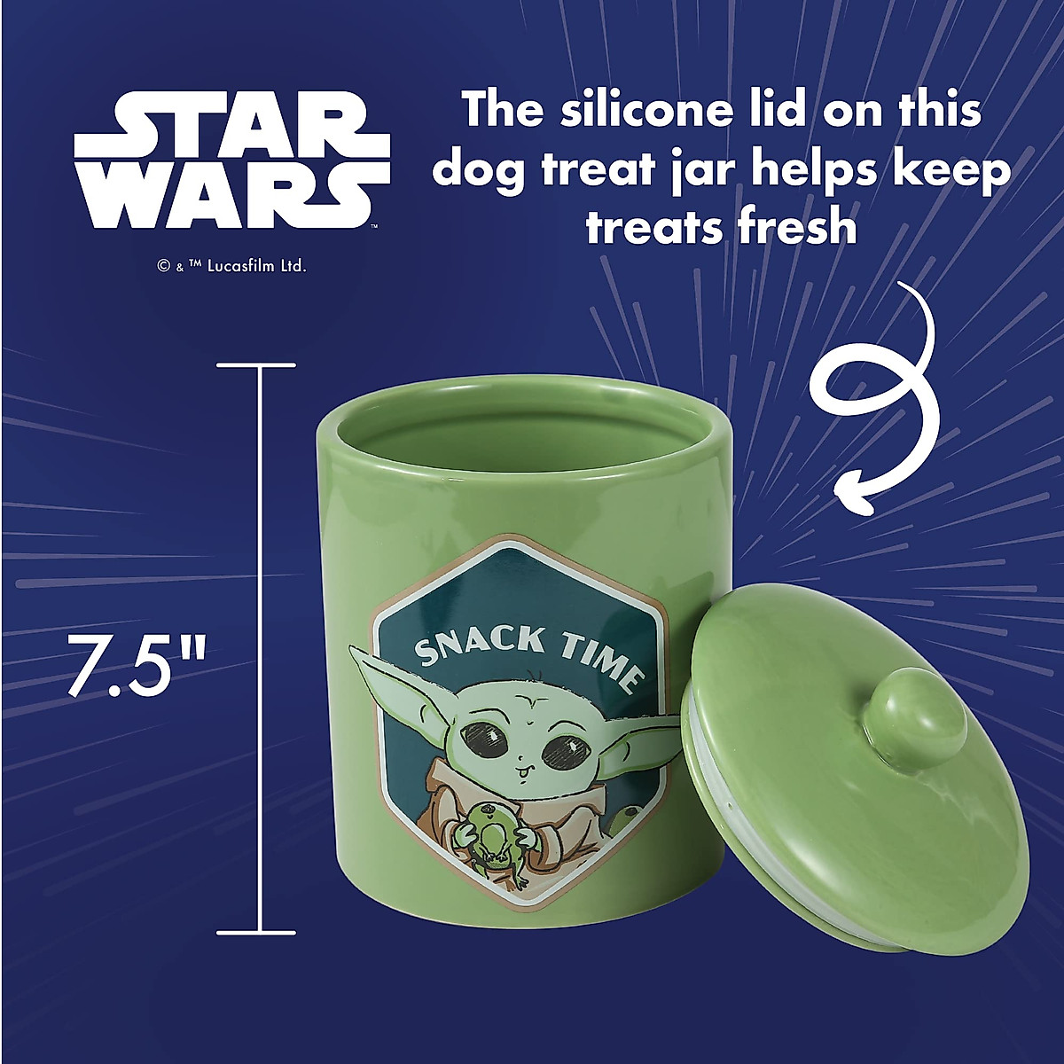 Star Wars for Pets The Mandalorian "Snack Time" Dog Treat Jar | 7.3" x 5.1" Ceramic Dog Treat Jar with Lid, Dishwasher Safe | Baby Yoda Green Dog Food Storage Container | Baby Yoda Treat Jar