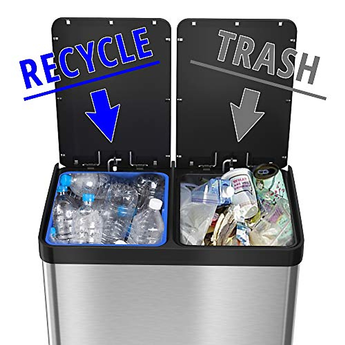 iTouchless 16 Gallon Dual Step Trash Can & Recycle, Stainless Steel Lid and Bin Body with Handle, Includes 2 x 8 Gallon (60L) Removable Buckets are Color-Coded, Soft-close and Airtight Lid, Silver