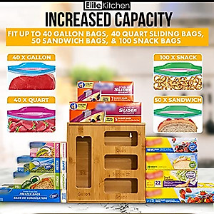 Elite Kitchen Premium High Quality 100% Real Bamboo Sandwich Bag Storage Organizer, Compatible With Gallon , Quart , Snack , & Sandwich Food Storage Bags, Holds Over 230 Plastic Baggies (EK0002)