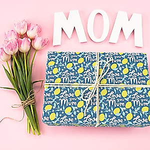 ZINTBIAL Mother's Day Wrapping Paper for Mom, Birthday, Bridal Shower - Gift Wrap with Floral, Love You Mum Letters Design - 20 x 29 Inches per Sheet (8 Sheets 33 sq. ft.) Recyclable, Easy to Store,