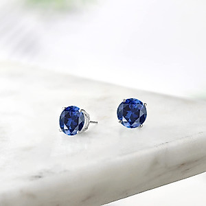 Gem Stone King 925 Sterling Silver Blue Created Sapphire Earrings | 3.20 Cttw | 7MM Round Stud Earrings for Women