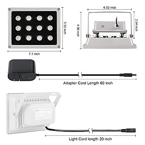 Univivi IR Illuminator, 850nm 12 LEDs Wide Angle IR Illuminator for Night Vision, Waterproof LED Infrared Light with 12V DC Power Adapter for IP Camera, CCTV Security Camera