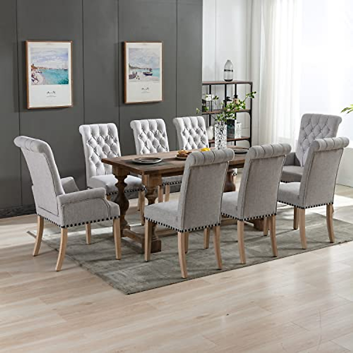 CRECQ Fabric Arm Dining Room Chair,Tufted Upholstered High Back Nailed Trim with Untique Oak Wood Legs for Kitchen Restaurant Room Bedroom(Grey Brown)