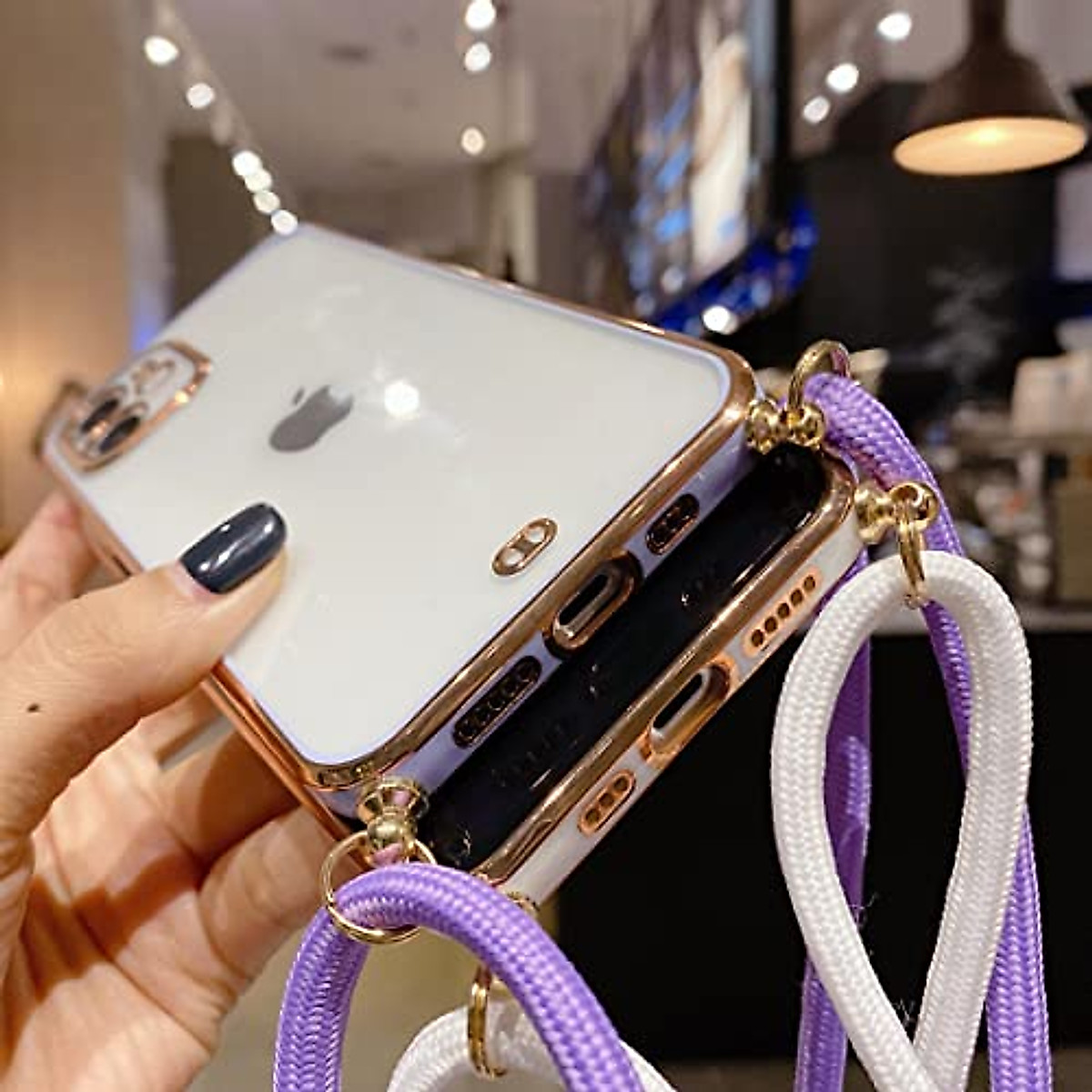 ZTOFERA Crossbody Phone Case for iPhone 14 Pro, Clear Protective Case for Girls Adjustable Detachable Lanyard Gold Edge Silicone Bumper Back Case for iPhone 14 Pro - White
