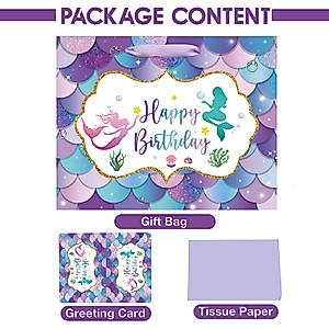 13" Large Mermaid Happy Birthday Gift Bag with Handle, Tissue Paper and Card for Kids Girls