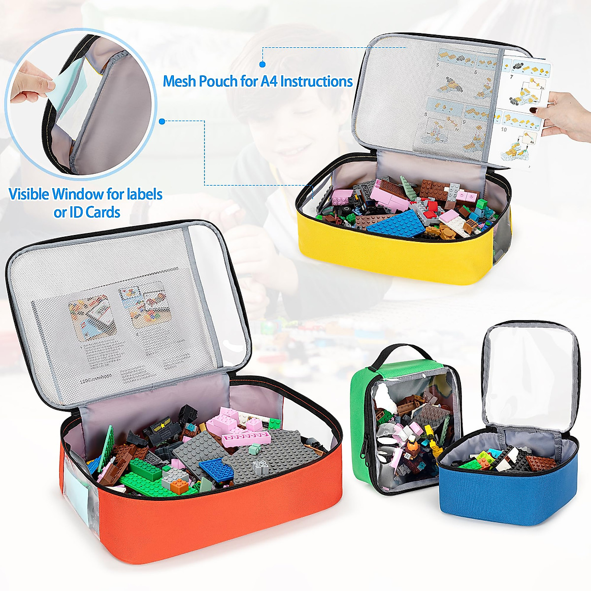 Rexmica 4-piece Toy Storage Organizer Bag Compatible with Lego Bricks, Travel Organizer Case for Building Blocks, Car Toy, Dolls, Crafts, Magnetic Tiles, Blocks Toy Storage Bag with Visible Top