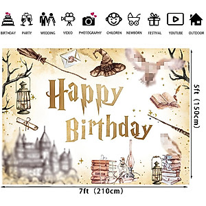 Wizard Happy Birthday Backdrop Magic School Castle Backdrop for Halloween Wizard Theme Photography Background Boys Girls Birthday Party Decoration Banner 7X5FT