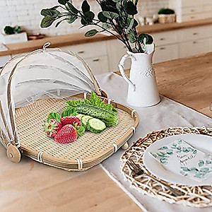 generic Bamboo Food Serving Tent Basket Rattan Woven Mesh Food Storage Basket Food Dome Lids for Picnic Party Bread Fruit Dessert Indoor Outdoor