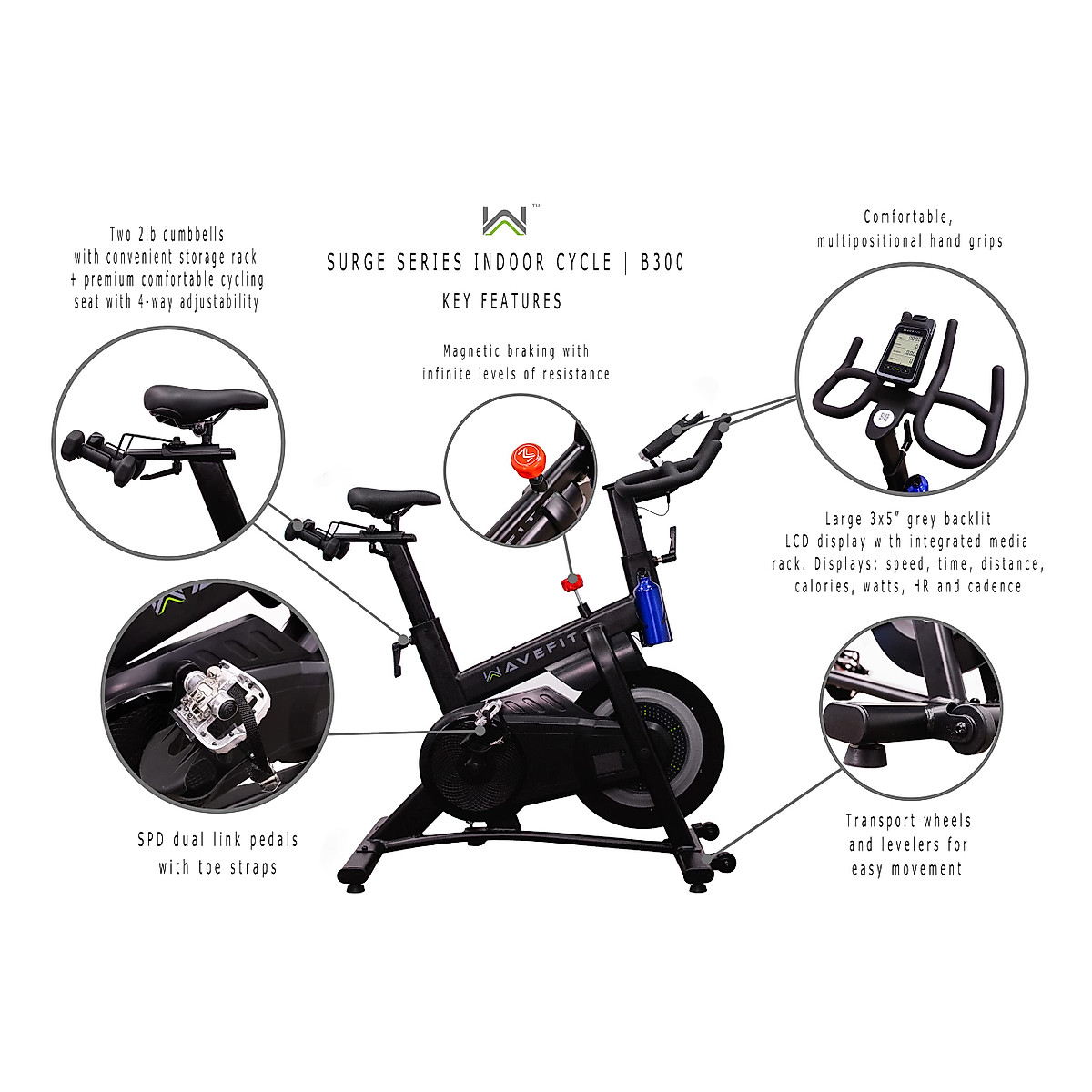 WaveFit B300 Surge Series Indoor Cycle Home Stationary Exercise Bike with 30-Lb Flywheel, Bluetooth Connectivity and Built-in Fitness Metrics Tracking, 275 lb Weight Capacity