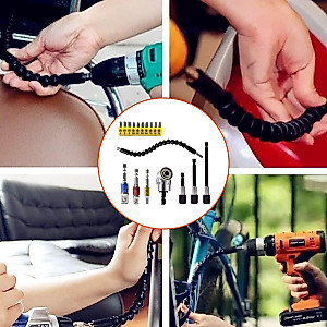Flexible Drill Bit Extension, Hex Shank 105° Right Angle Drill, 3Pcs Drill Bit Holder Extension, 3Pcs 1/4 3/8 1/2" Universal Socket Adapter, 11.6 inch Screwdriver Soft Shafts, Screwdriver Bit Kit