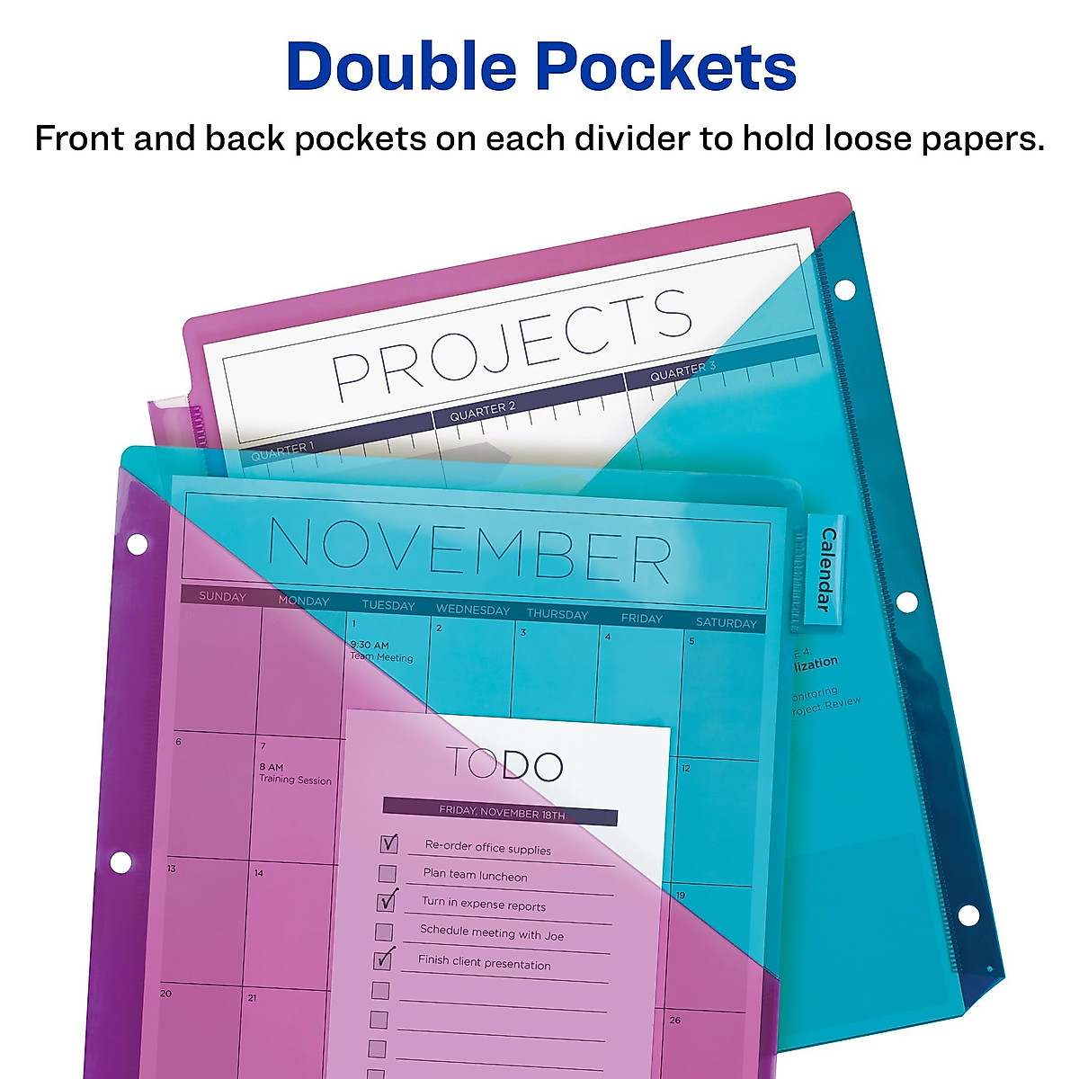 Avery Plastic 8-Tab Two-Tone Binder Dividers with Two Pockets, Insertable Bright Color Big Tabs, 1 Set (11989)