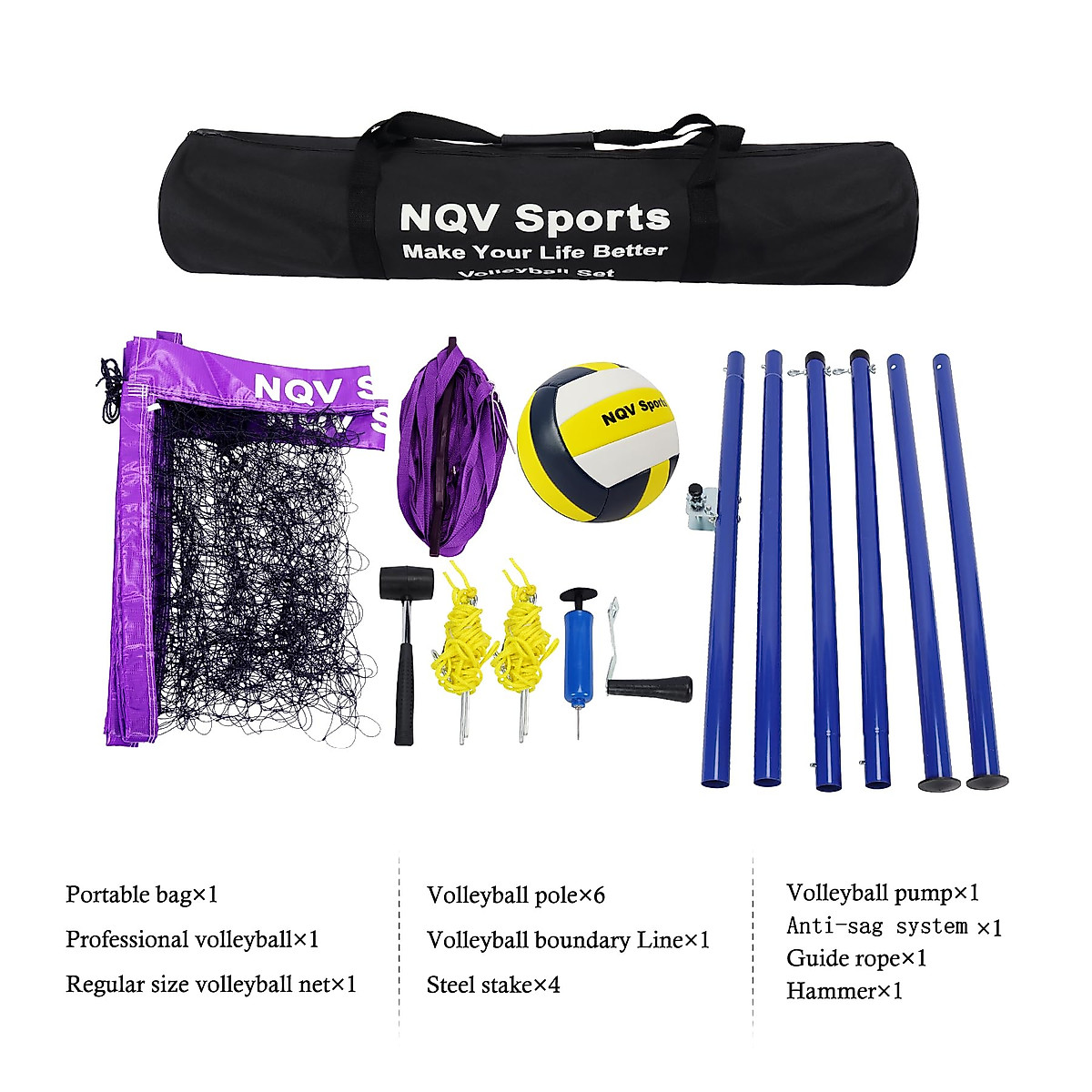 NQV Professional Portable Outdoor Purple Volleyball Net Set with Adjustable 3 Levels Height Steel Poles, Anti-sag System,Volleyball,Pump,Boundary Line and Carrying Bag for Backyard