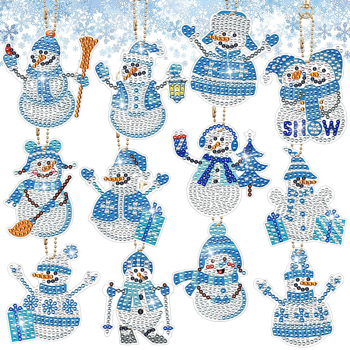 12Pcs Snowman Diamond Painting Keychains Snow Diamond Art Pendants Double Sided Full Drill Diamond Key Rings 5D Diamond Painting Kits for Winter Christmas Hanging Ornaments for DIY Crafts Home Decor