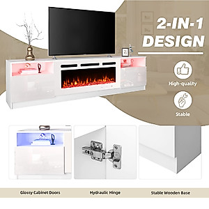 EROMMY 80'' Fireplace TV Stand with 40'' Electric Fireplace, Entertainment Center with 16 Color Led Lights and 12 Flame Fireplace Insert Heater, TV Console for TVs up to 90'' for Living Room, White