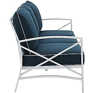 Crosley Furniture Kaplan Outdoor Sofa with Steel Frame, 3-Person Patio Couch for Porch, Deck, Backyard, White with Navy Cushions