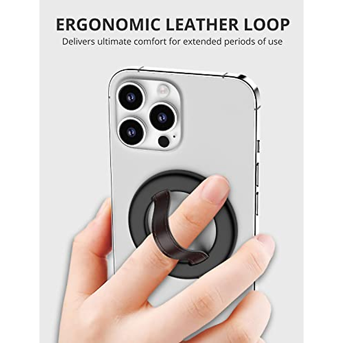 SUPMEGA Phone Grip, Phone Hand Holder & Stand with Collapsible Leather Finger Loop, Sticky Comfortable Slim Phone Gripper for Back of Phone, Fits All Phones